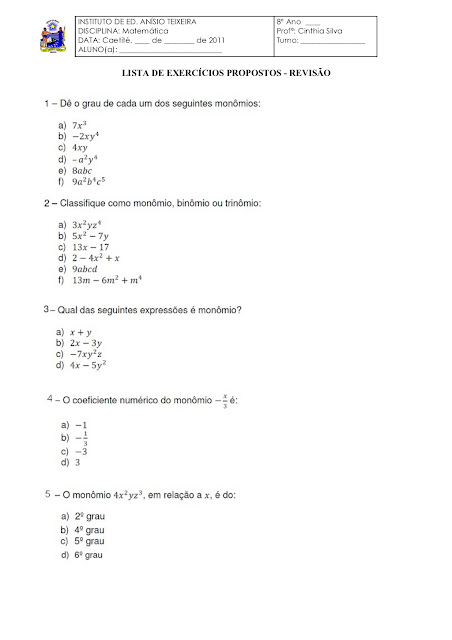 Lista De ExercÍcios FraÇÕes AlgÉbricas 8o Ano Atividades De Matemática