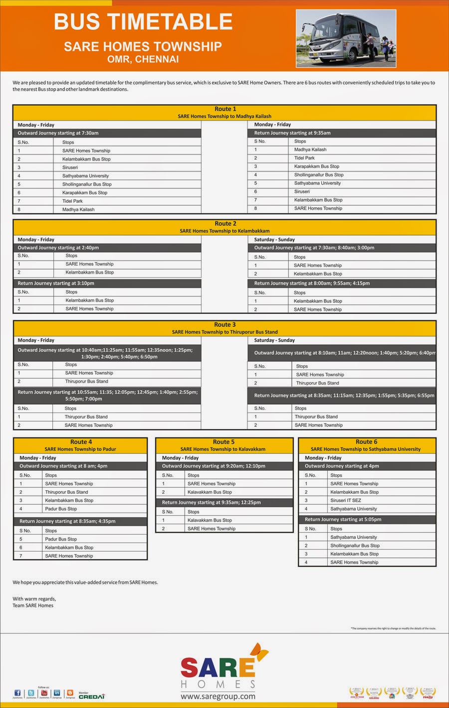 OMR bus time table for SARE Home owners