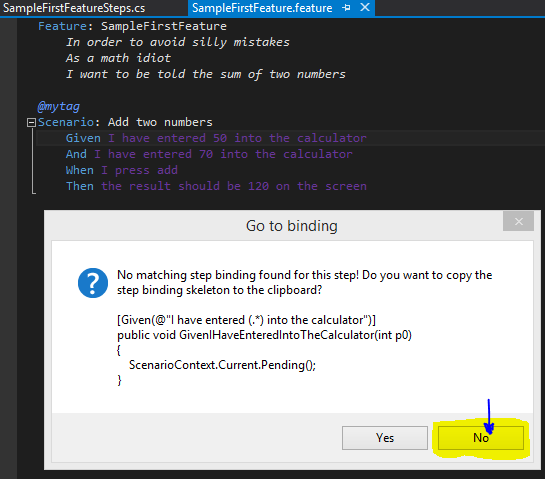 C# Visual Studio - SpecFlow Step Definition file | Automation Home