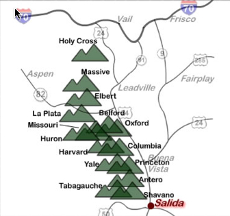 Tour Travel: map of 14ers in Colorado - Pedal Dancer®