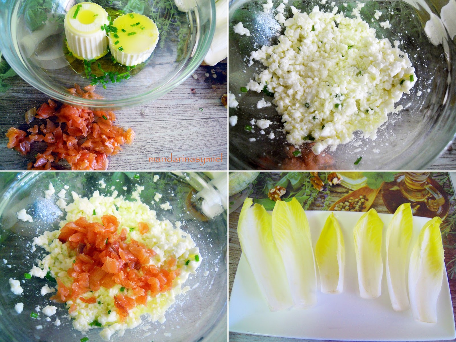 Endivias con salsa de queso y salmón. | Mandarinas y miel