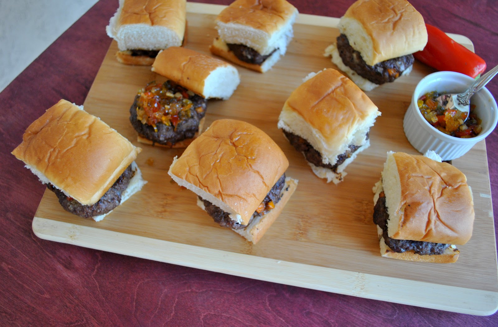 lamb sliders with a sweet 'n spicy red pepper relish