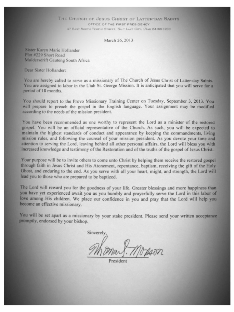 Sister Hollander's Mission - St. George Utah: Mission Call Letter