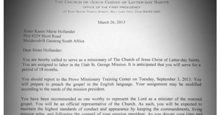 Sister Hollander's Mission - St. George Utah: Mission Call Letter