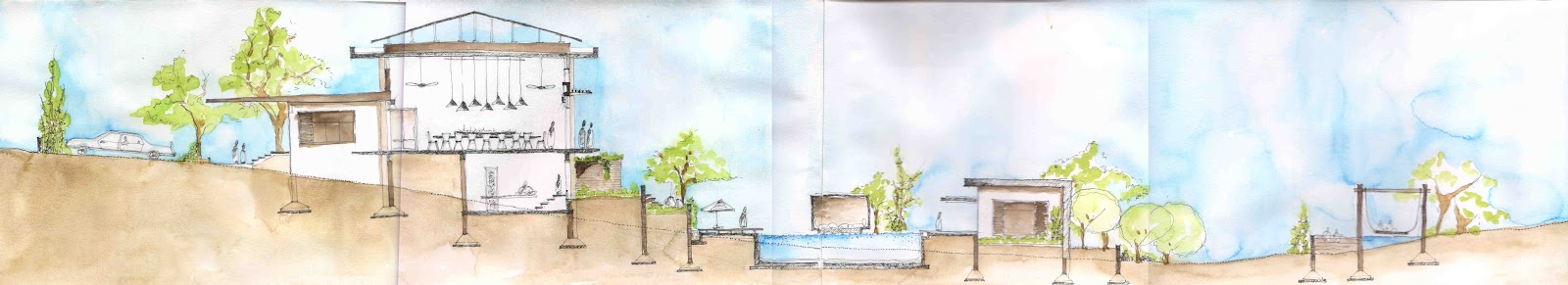 Hand Rendered Section of a House on slope