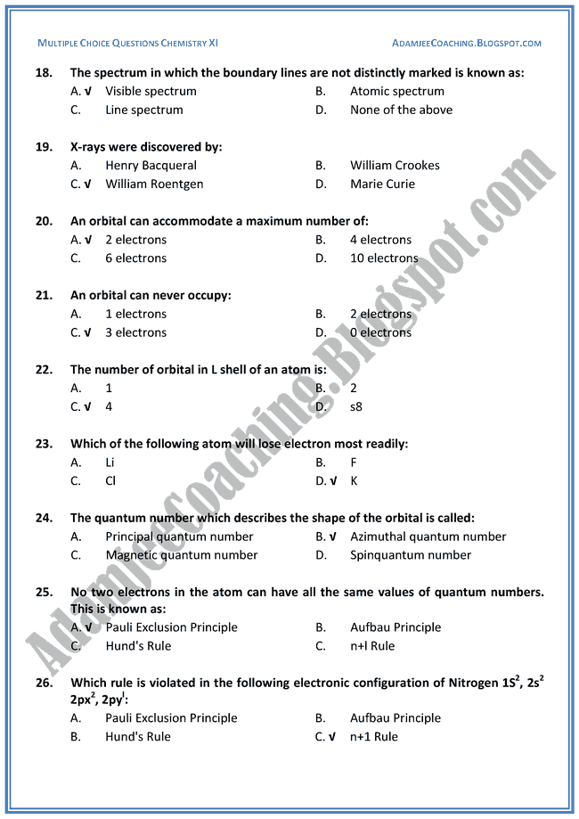 Adamjee Coaching: XI Chemistry MCQs - Atomic Structure