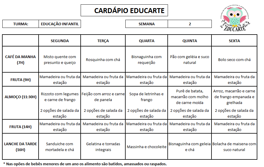 CARDÁPIO EDUCAÇÃO INFANTIL