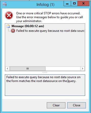 Failed to execute query because no root data source on the form matches the root datasource on ...