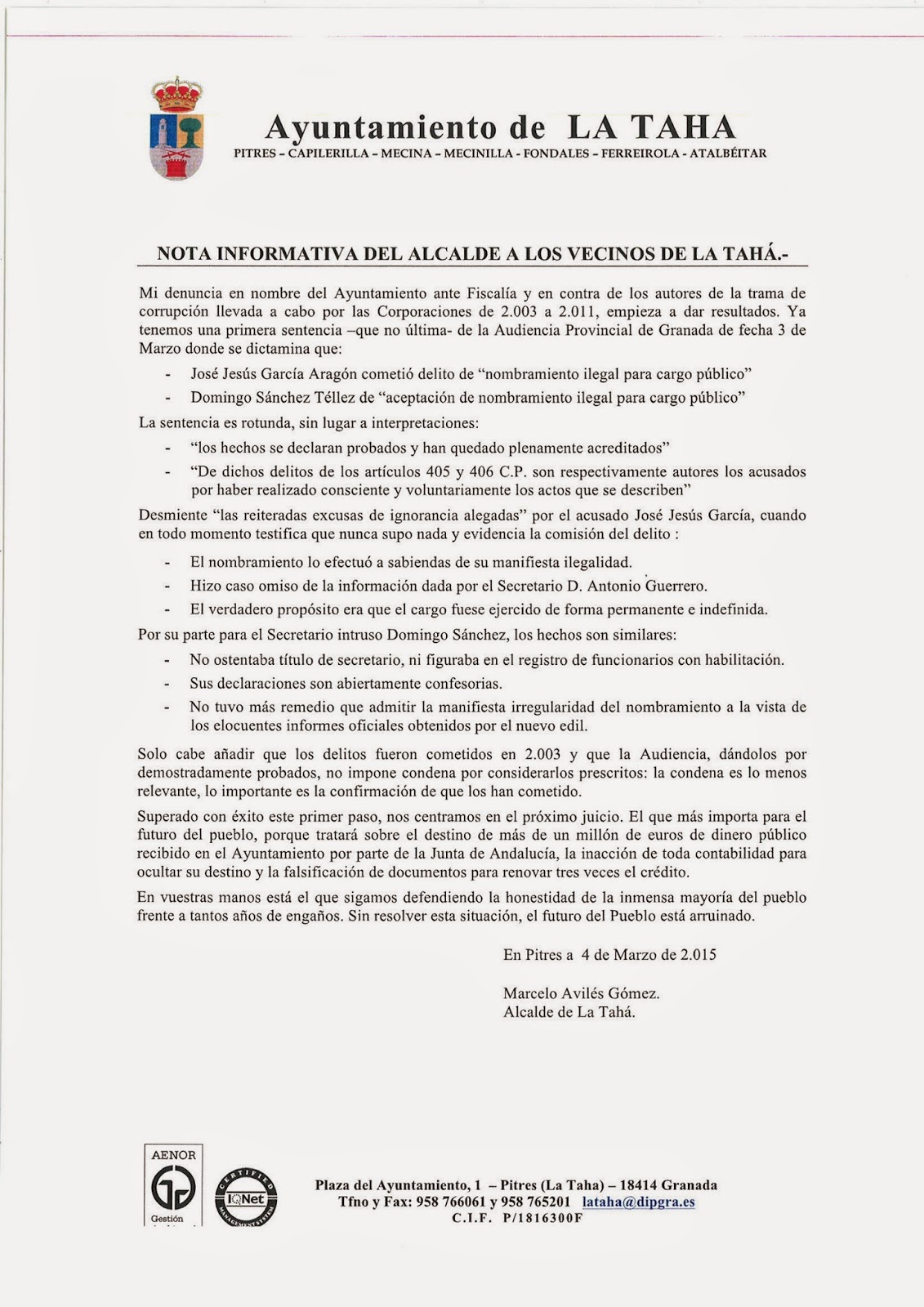 LA TAHA: NOTA INFORMATIVA DEL ALCALDE A LOS VECINOS DE LA TAHA