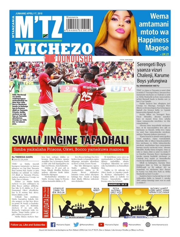 Tanzanian Today's Newspapers MAGAZETI YA LEO Tuesday 17th April, 2018 ...