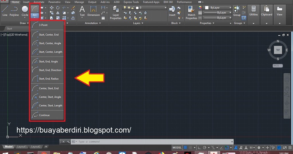 Perintah Arch di Autocad - Membuat objek Busur di Autocad