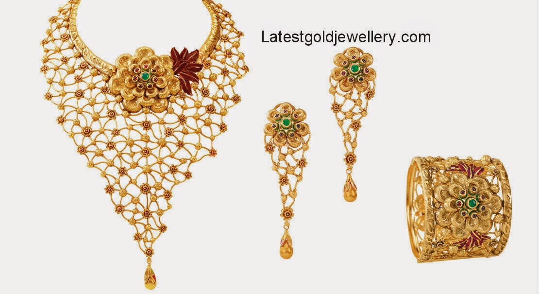 Fancy Gold Floral Necklace with Web Design | Latest Gold Jewellery Designs