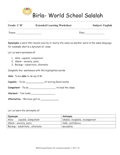 Birla World School Oman: Homework for Grade 2 as on 02/11/2017