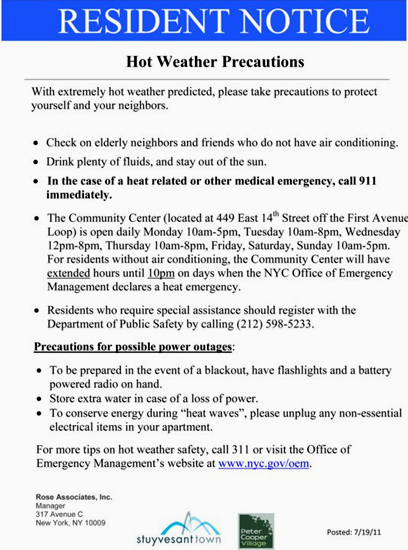 The Stuyvesant Town Report: ST/PCV Hot Weather Precautions