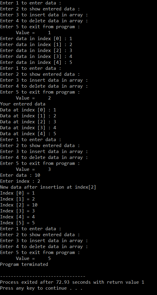 C++ program of creation, insertion and deletion in array ~ Program Nerd