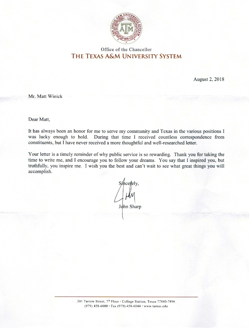 Mattsletters: Honorable John Sharp from Texas