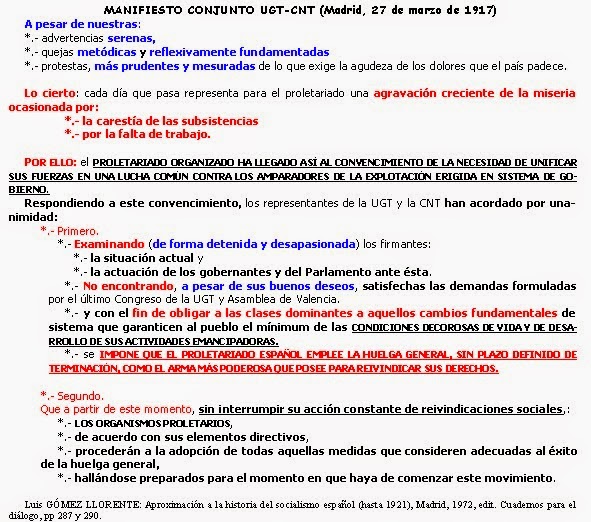 Historia de España: Esquema del Manifiesto Conjunto UGT-CNT Marzo 1917