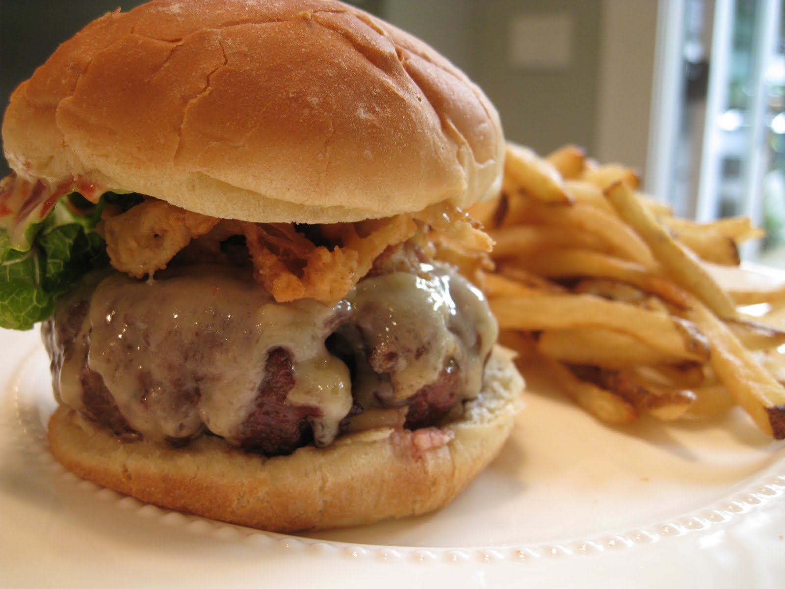 The One-Third Pound Burger, Crispy Sweet Onions, and Shoestring Fries
