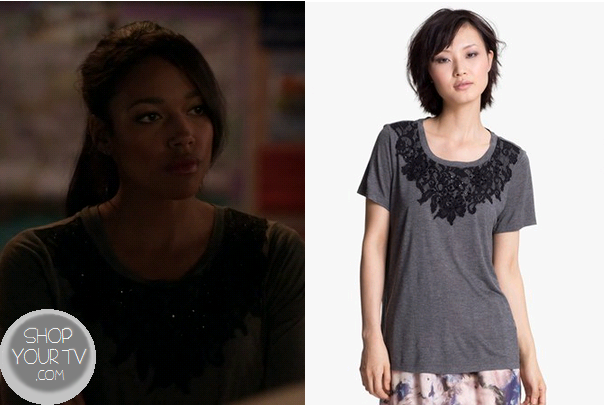 Twisted: Season 1 Episode 6 Lacey's Grey Lace Trim Tee | Shop Your TV