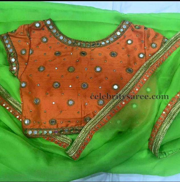 Orange Mirror Work Blouse - Saree Blouse Patterns