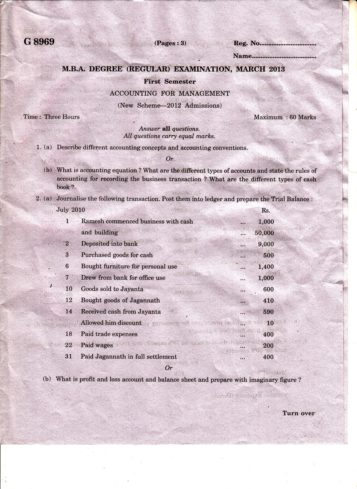 MARIAN LIBRARY: MG University First Sem MBA 2013 Question Paper