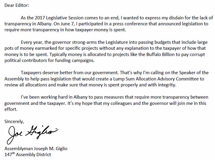 Wellsville Regional News (dot) com: Letter: Assemblyman Giglio not ...