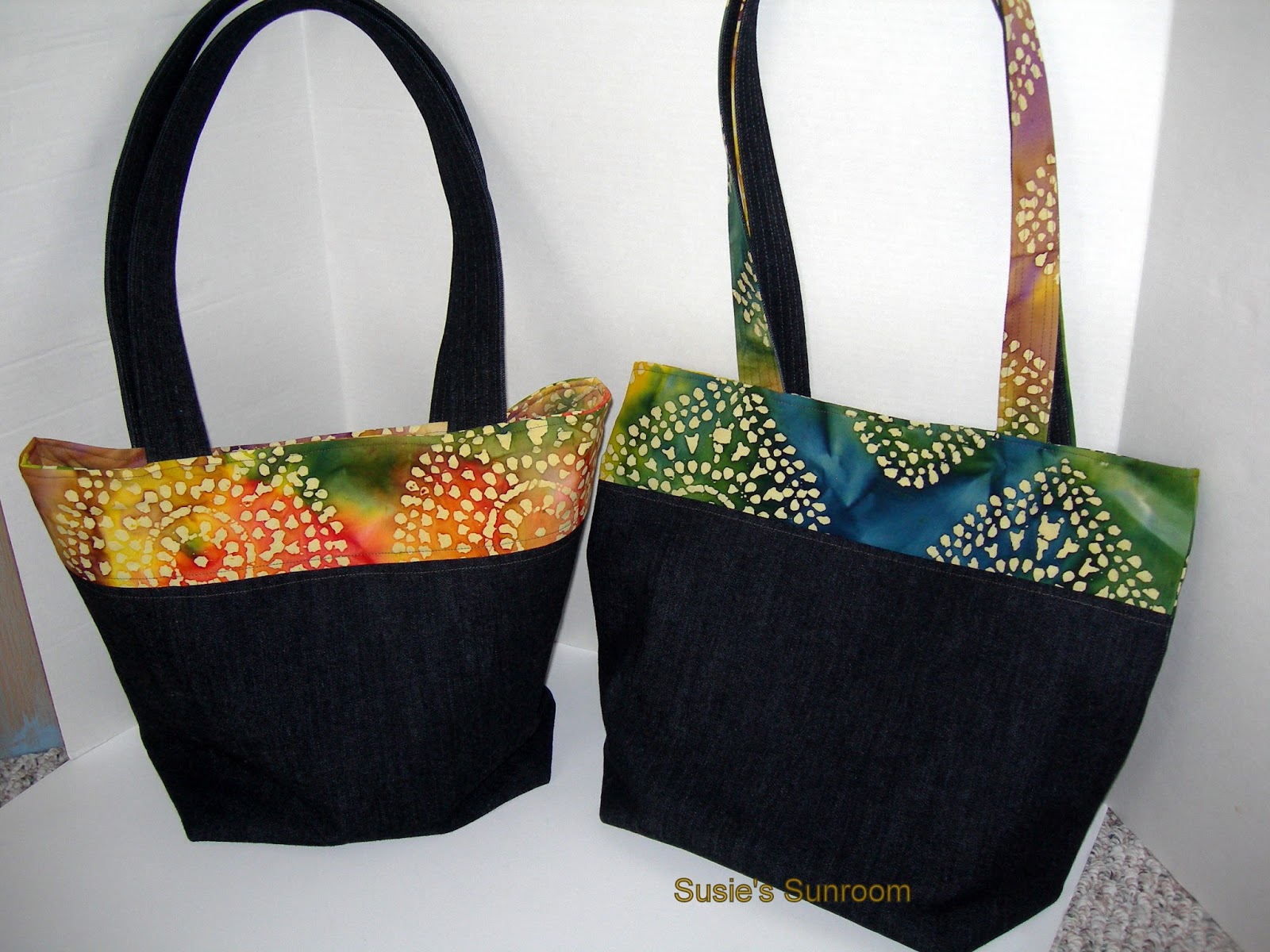 Susie's Sunroom: Denim and Batik Tote Bags