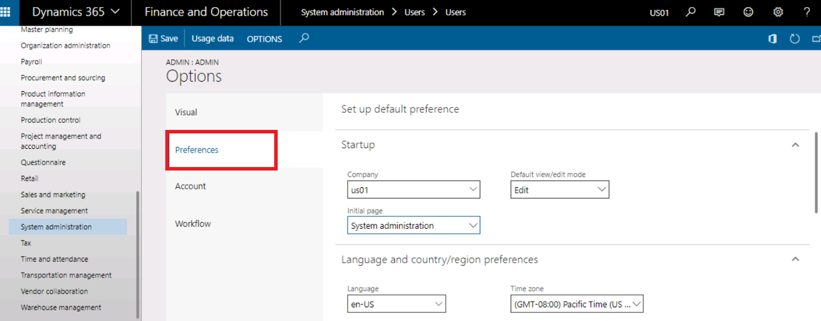 How to setup startup company and initial page in Dynamics 365?