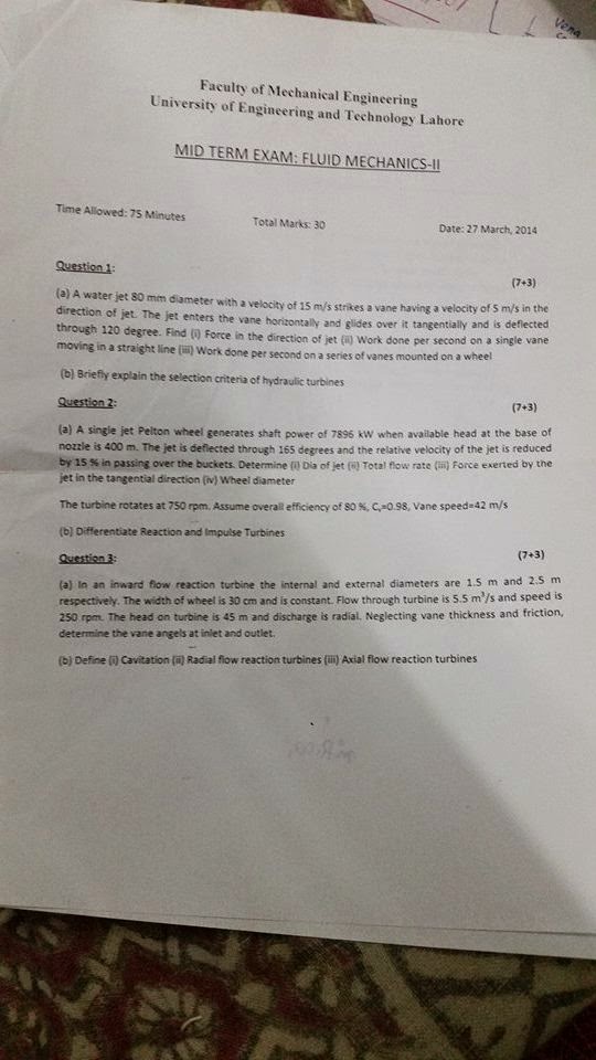 UET Lahore Mechanical Engineering Past Papers