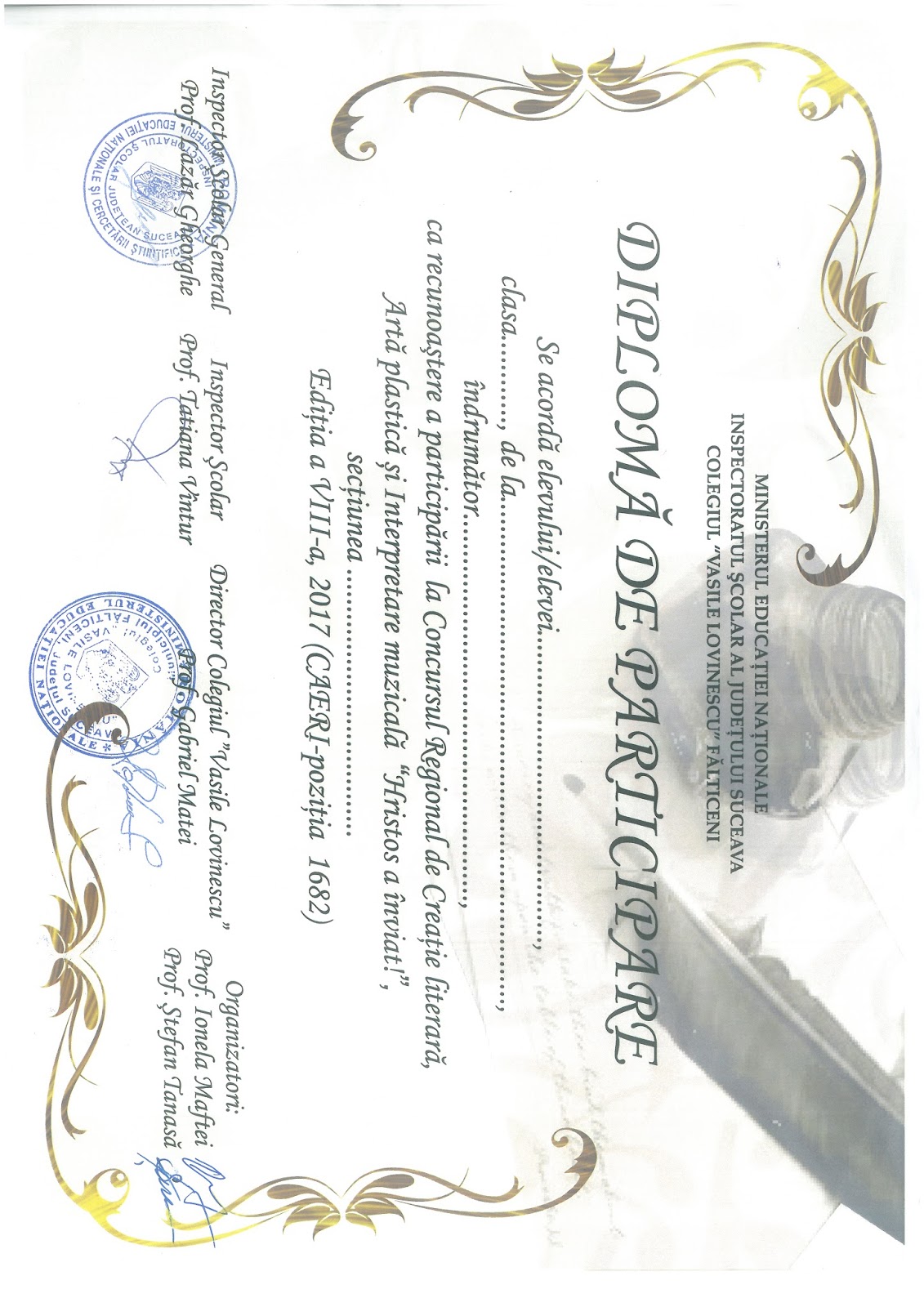 CONCURS REGIONAL " HRISTOS A INVIAT!": Diploma de participare 2017