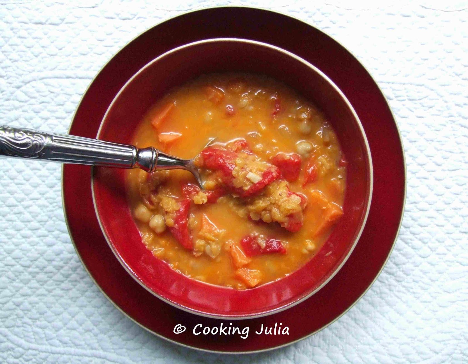 COOKING JULIA : SOUPE AUX LENTILLES CORAIL ET PATATES DOUCES, SAVEUR COCO