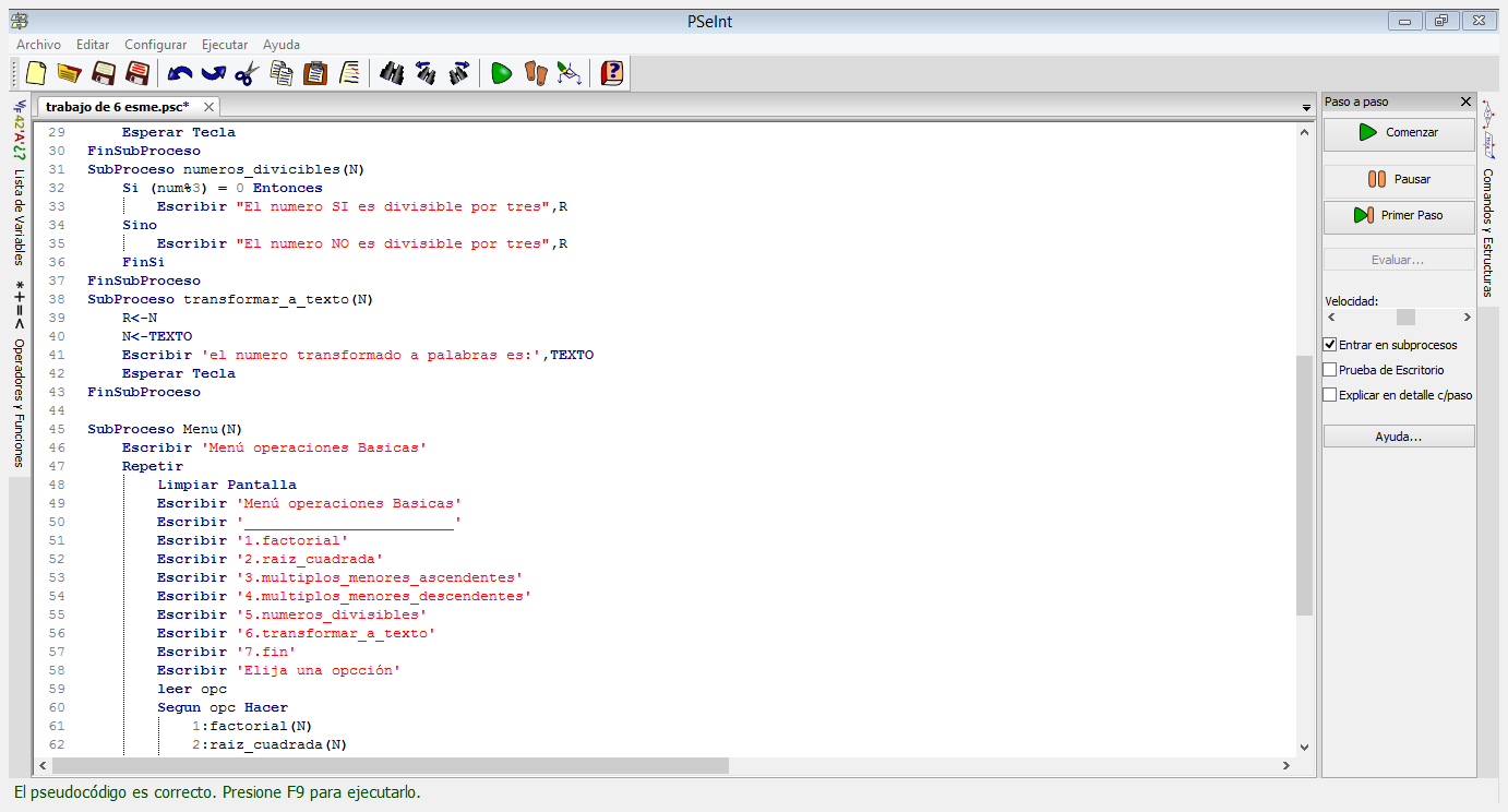 APRENDIENDO CON PSEINT: MENÚ EN PSEINT