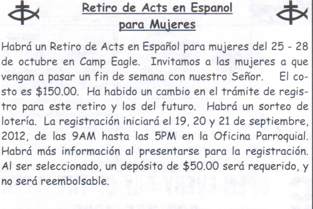 Octubre 25 - 28, 2012: Retiro de Acts en Espanol para Mujers - Iglesia ...