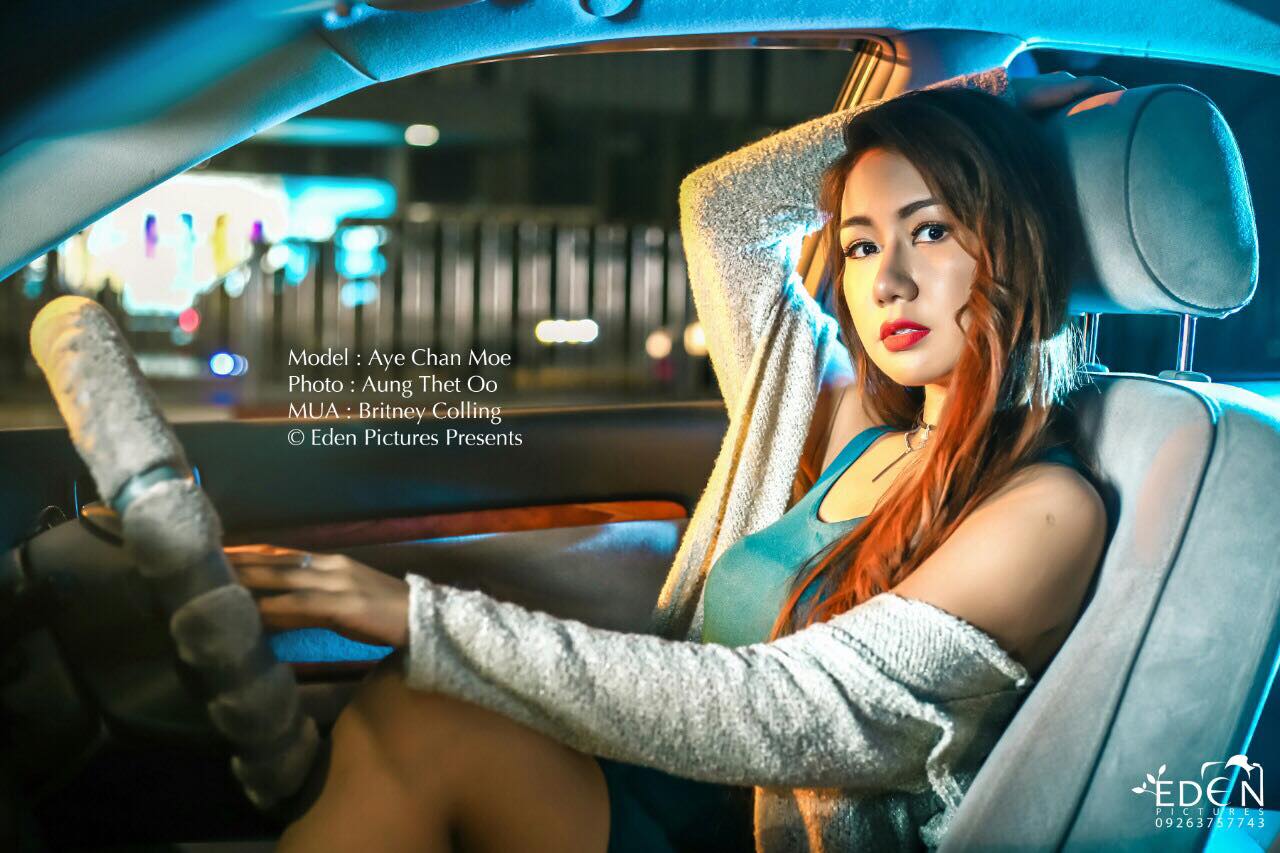 Aye Chan Moe Neon Lights and Posing In the Car