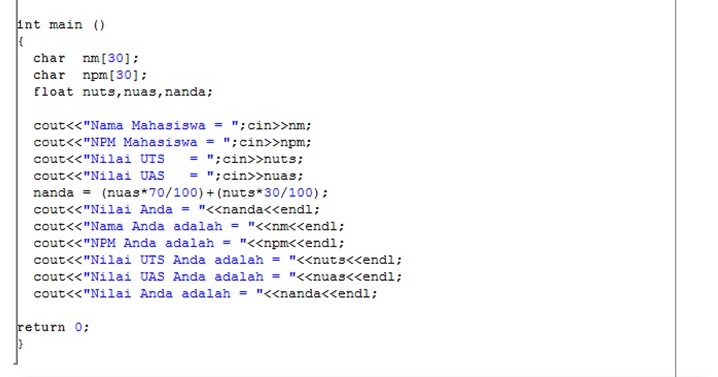 Pengetahuan Dunia IT & Islam: Contoh Script c++ input nama, npm, nilai ...