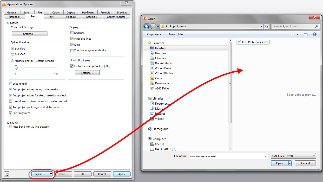 Importing the settings back into Inventor