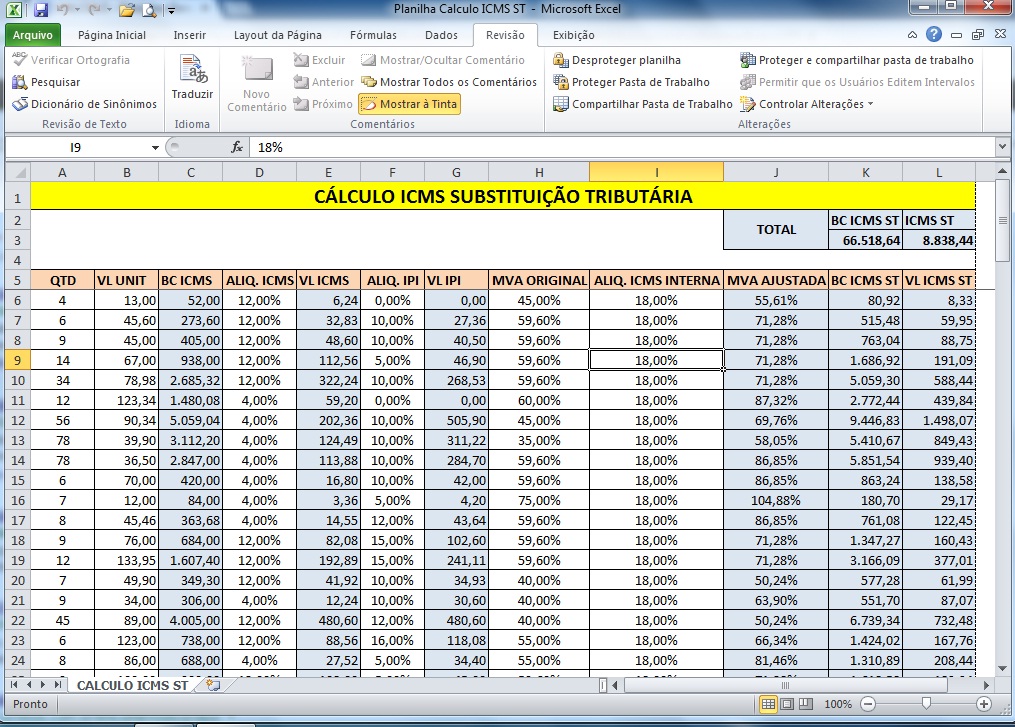 Planilha para cálculo de ICMS ST