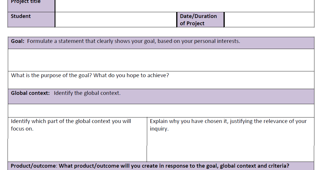 MYP Personal Project: Personal Project Planner