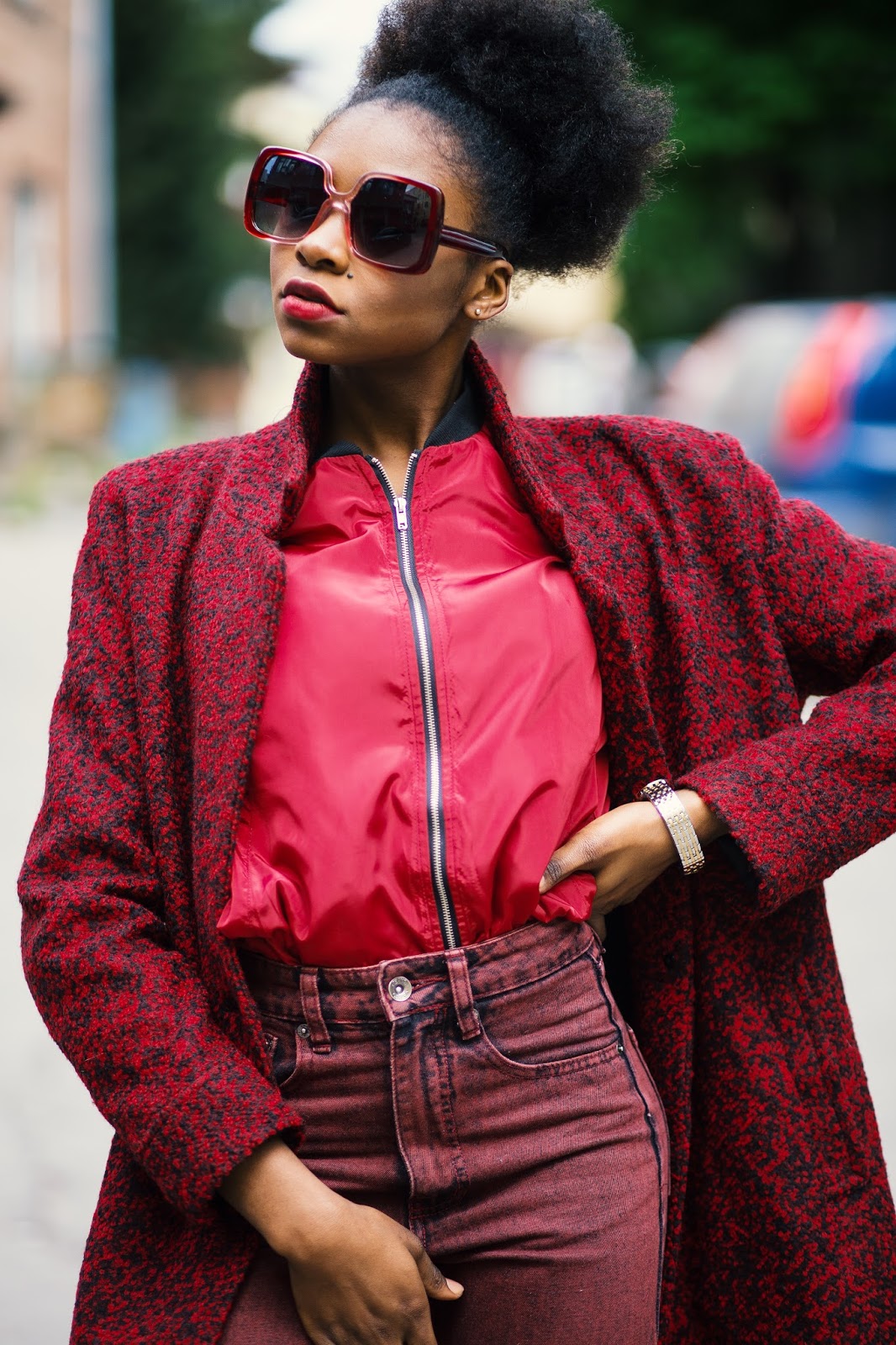HOW TO STYLE BURGUNDY BOMBER JACKET (SINGLE SHADE OUTFIT) | Melody Jacob