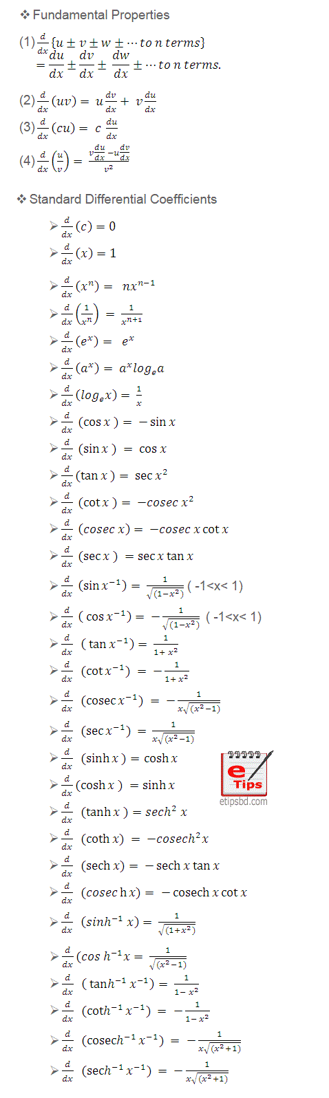 Differentiation Formulas - E Tips