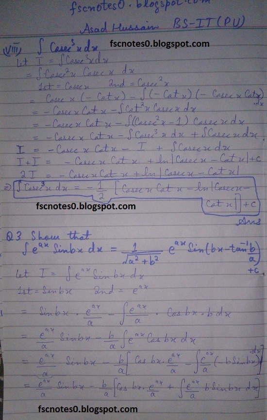 FSc ICS Notes Math Part 2 Chapter 3 Integration Exercise 3.4 Question 2 & 3