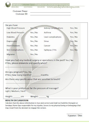 Sendayu Home Spa: Health Declaration Form