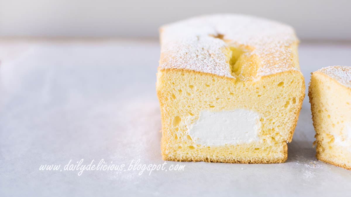 dailydelicious: Cream filled chiffon loaf, delicious cake without rolling!