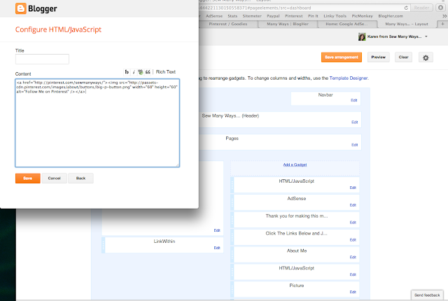 Sew Many Ways...: How To Add A Follow Me Pinterest Button...
