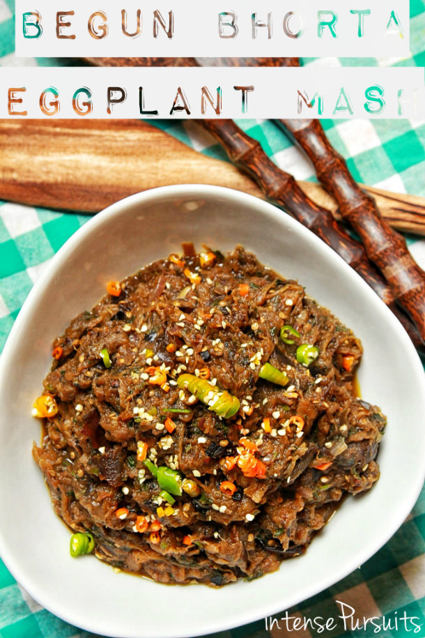 Food: eggplant/shrimp mash [begun chingri bhorta]