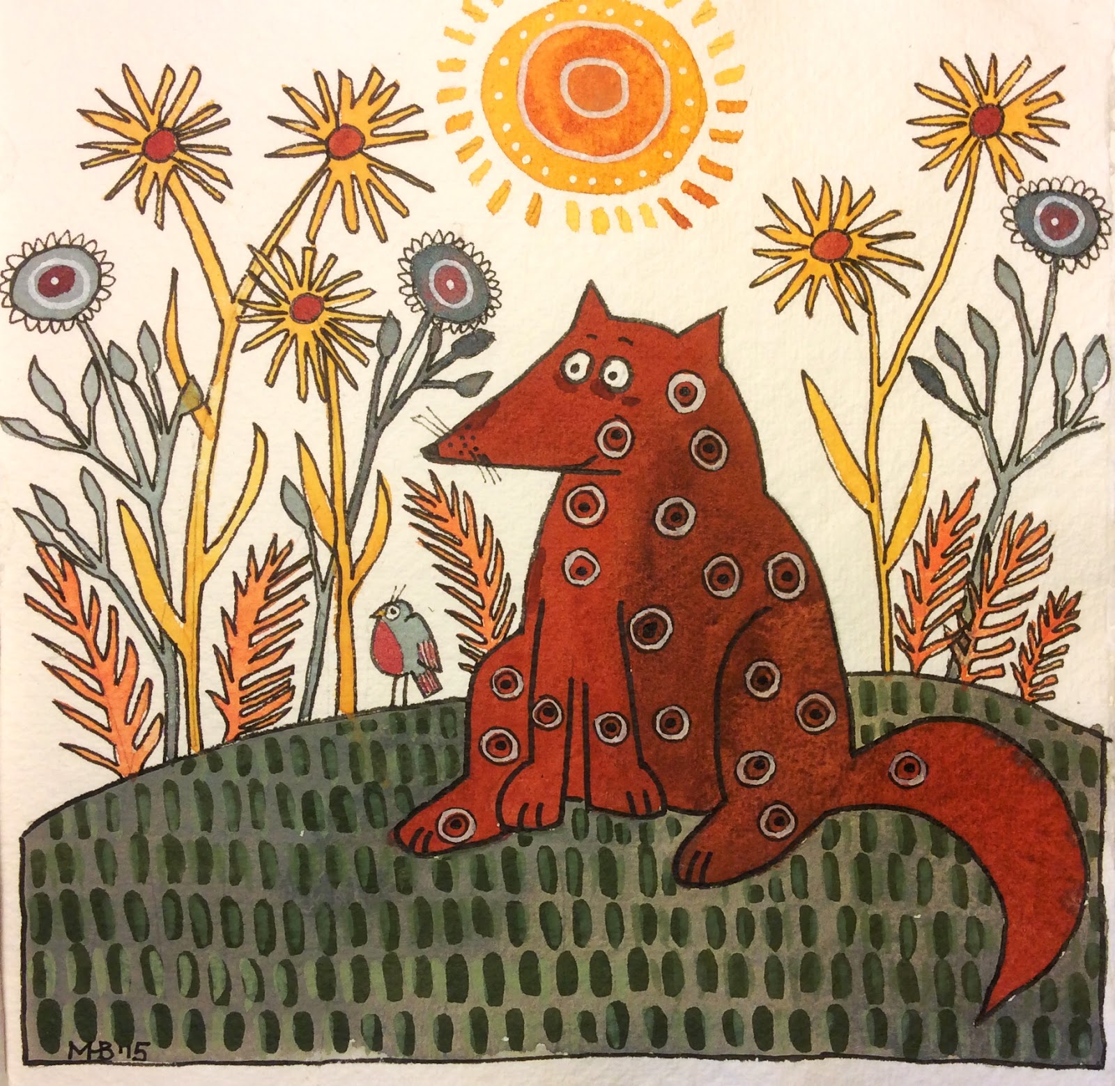 Michèle Brown Artist - The Old Cells Studio: Spotty fox in his garden