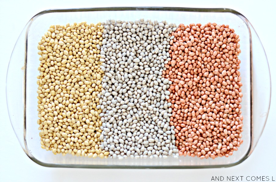 Metallic Dyed Beans {How to Dye Beans for Sensory Play} | And Next ...