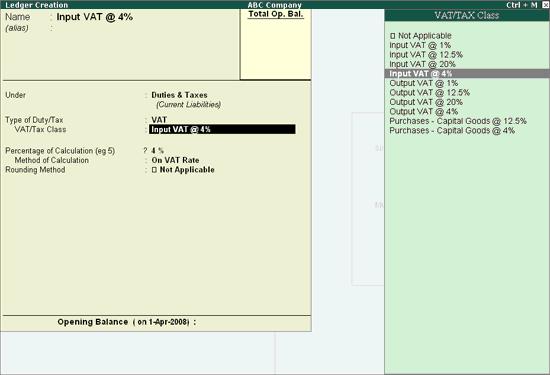 TALLY: CREATING "VAT" LEDGERS