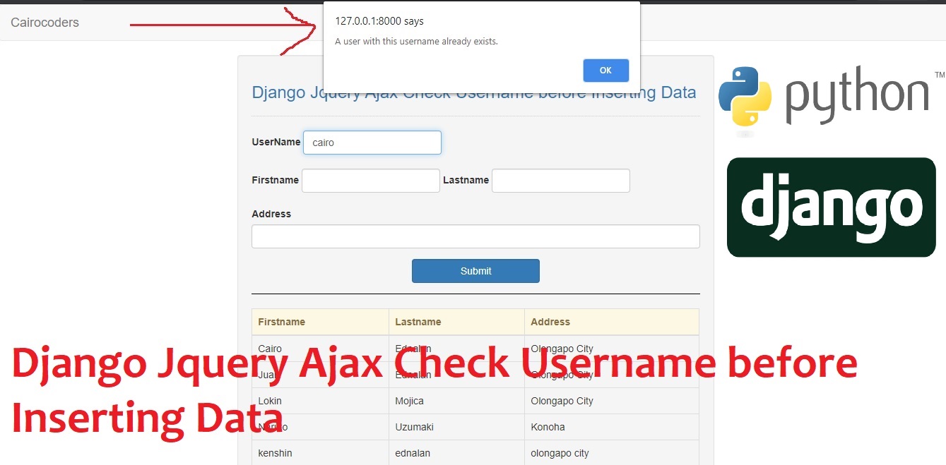 Django Jquery Ajax Check Username Before Inserting Data Tutorial101