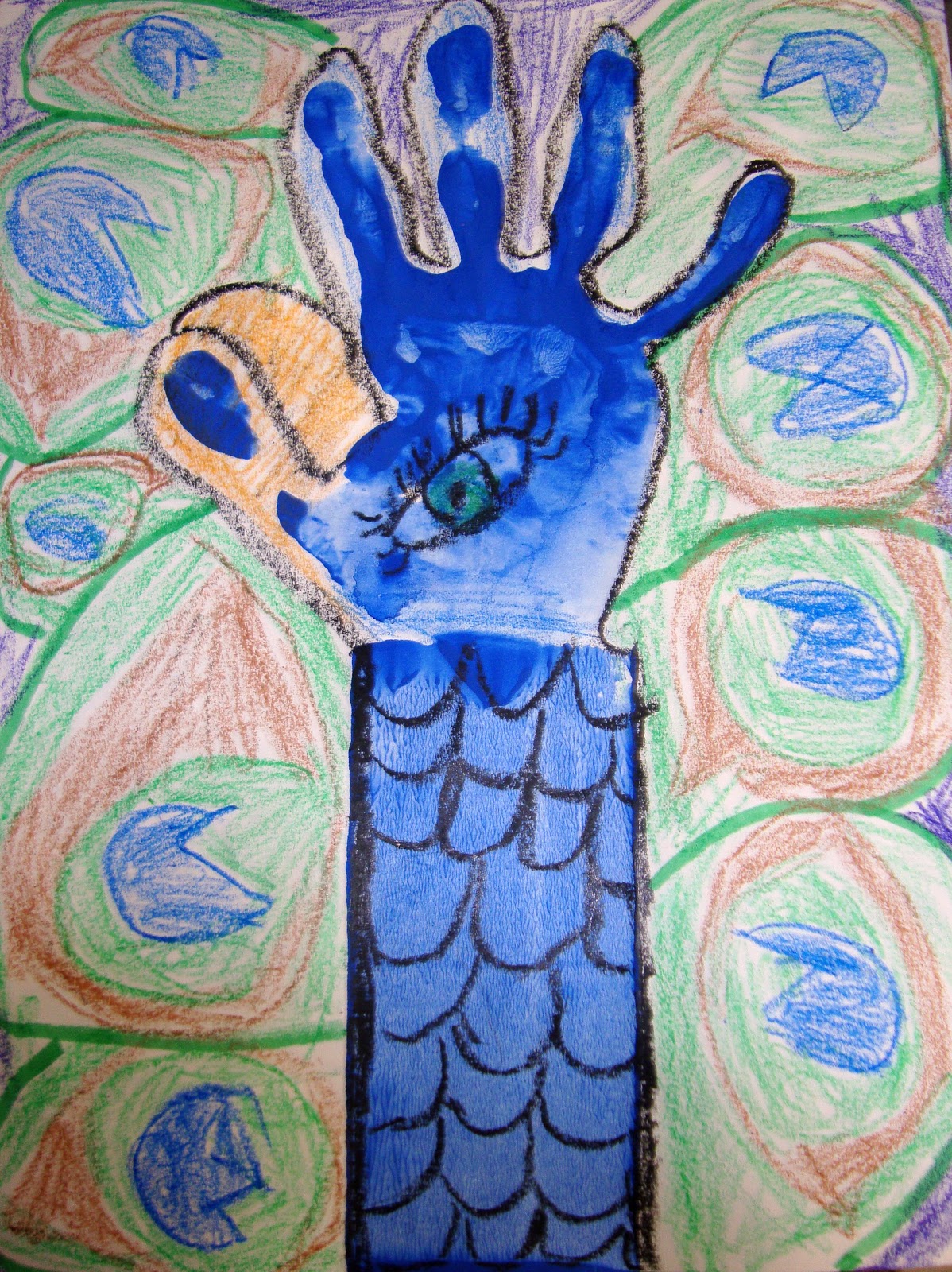 Sparkly Art with Ms. Carney!: Mixed Media Handprint Peacocks - 2nd Grade!